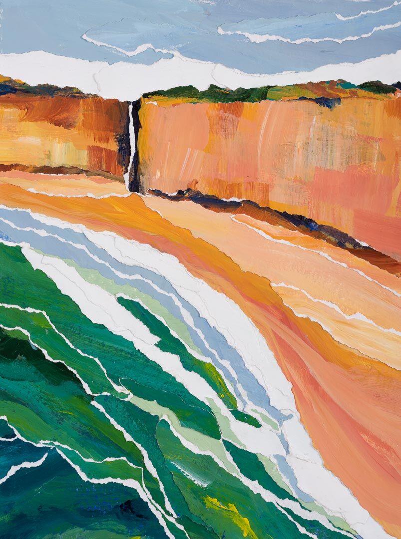 Colourful beach and surf landscape by Kathy Fahey.
