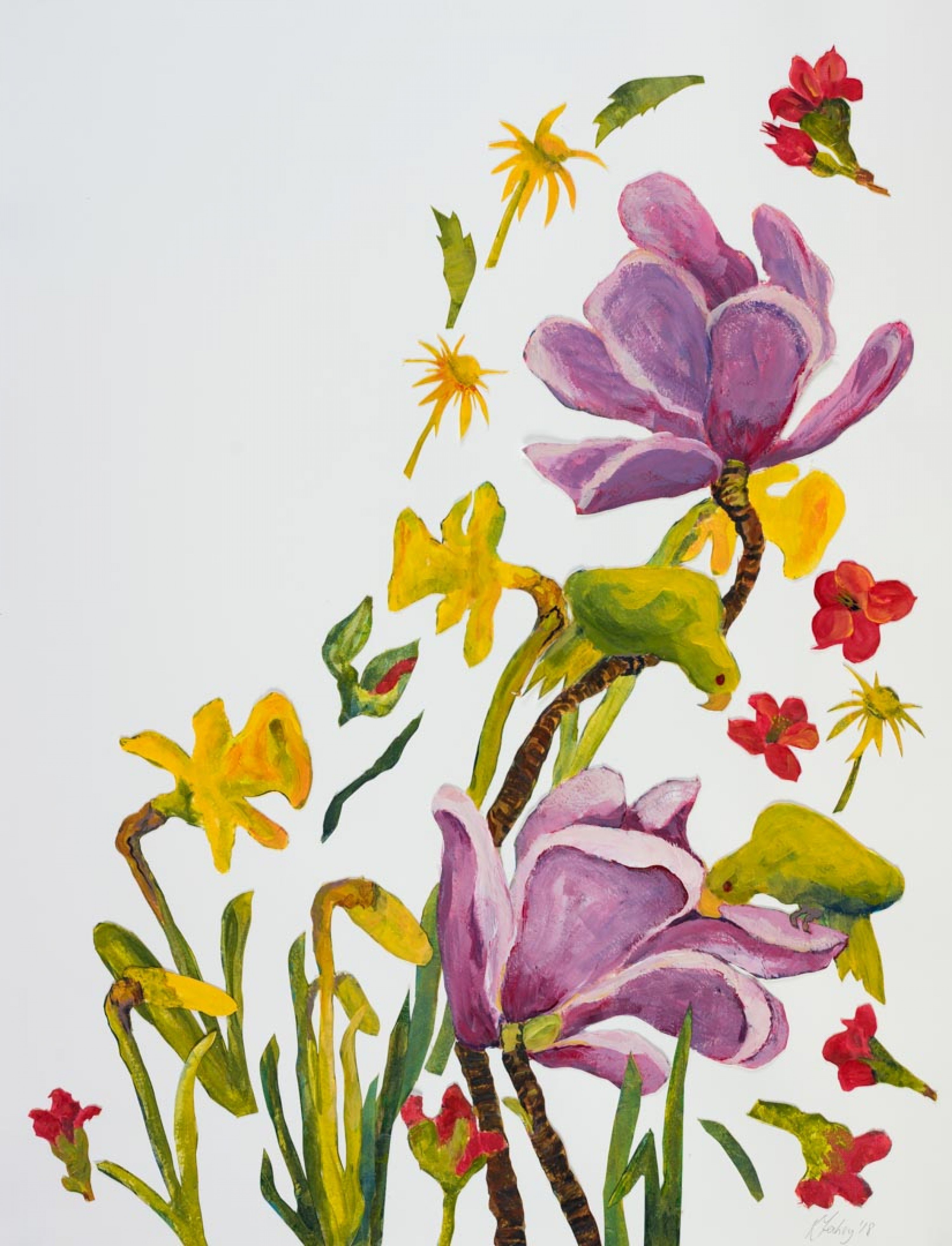 Daffodils, magnolias and birds, a joyous hand painted collage by Kathy ...