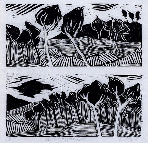 Up Hill and Down Dale is a lino print by Artist Kathy Fahey and is ...